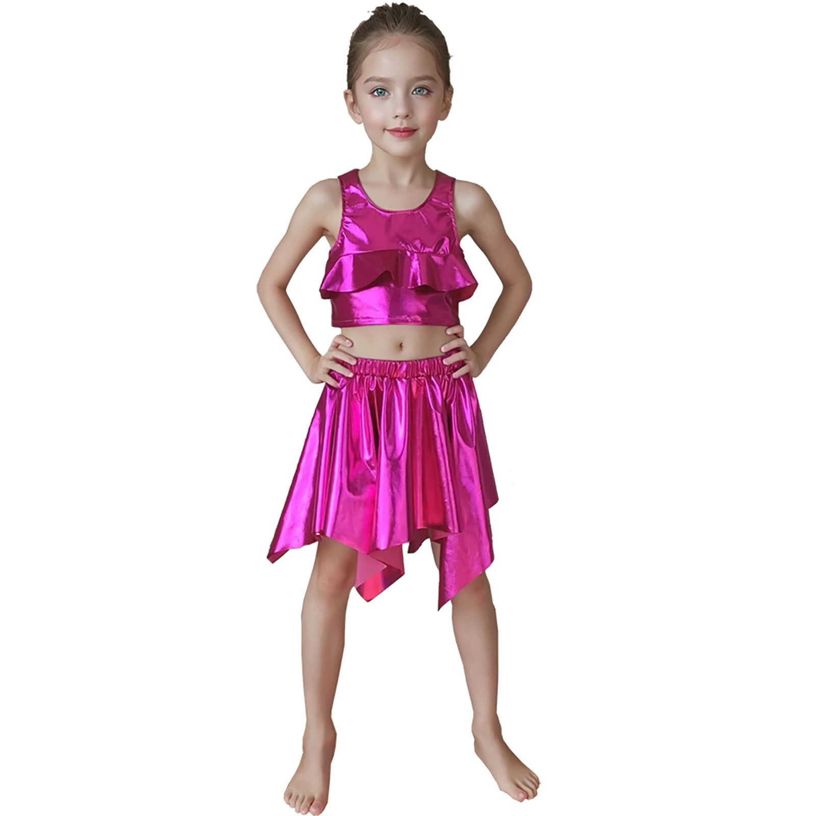 Girls Performance Outfit Glossy Sleeveless Vest and Ruffle Hem ...