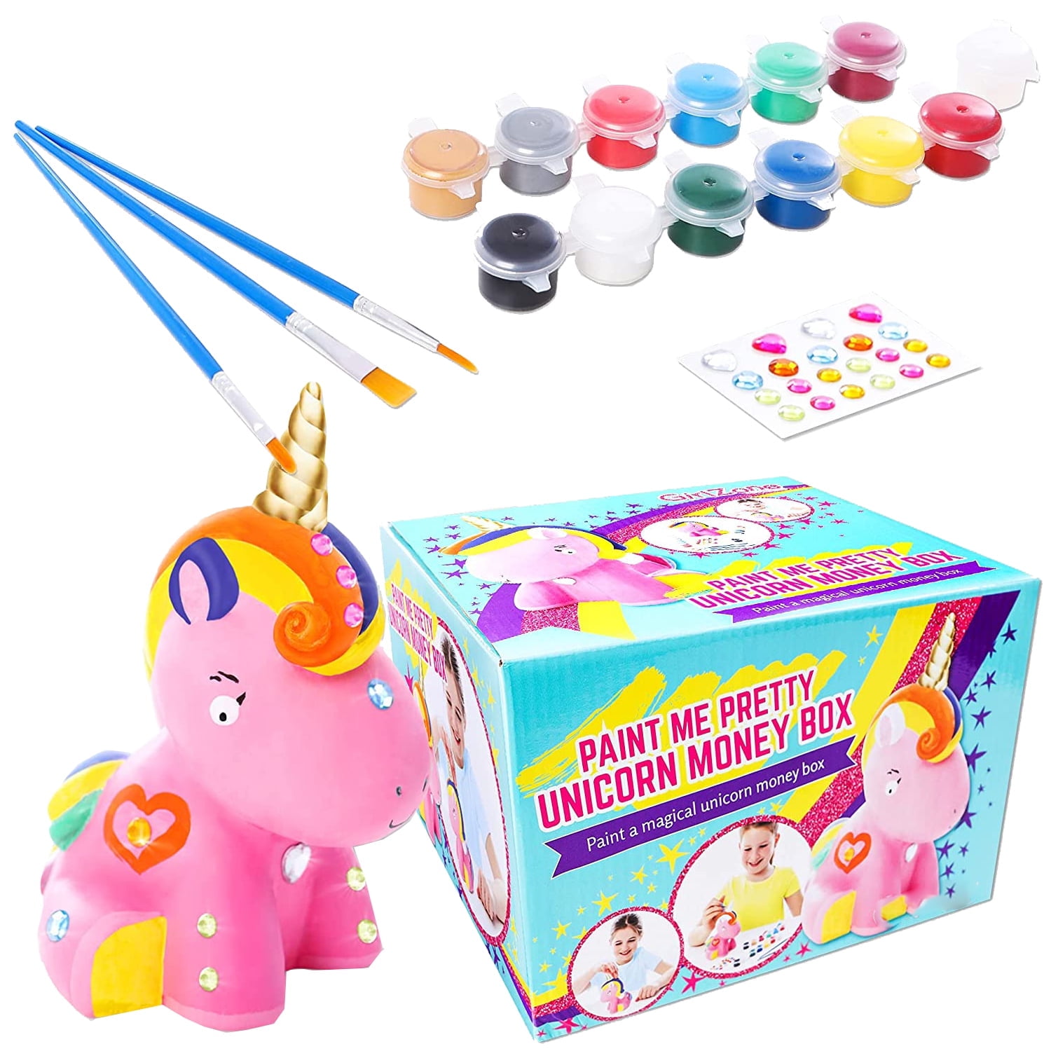 Girls Unicorn Ceramic Paintable Piggy Bank, 38-Piece Metallic & Primary ...