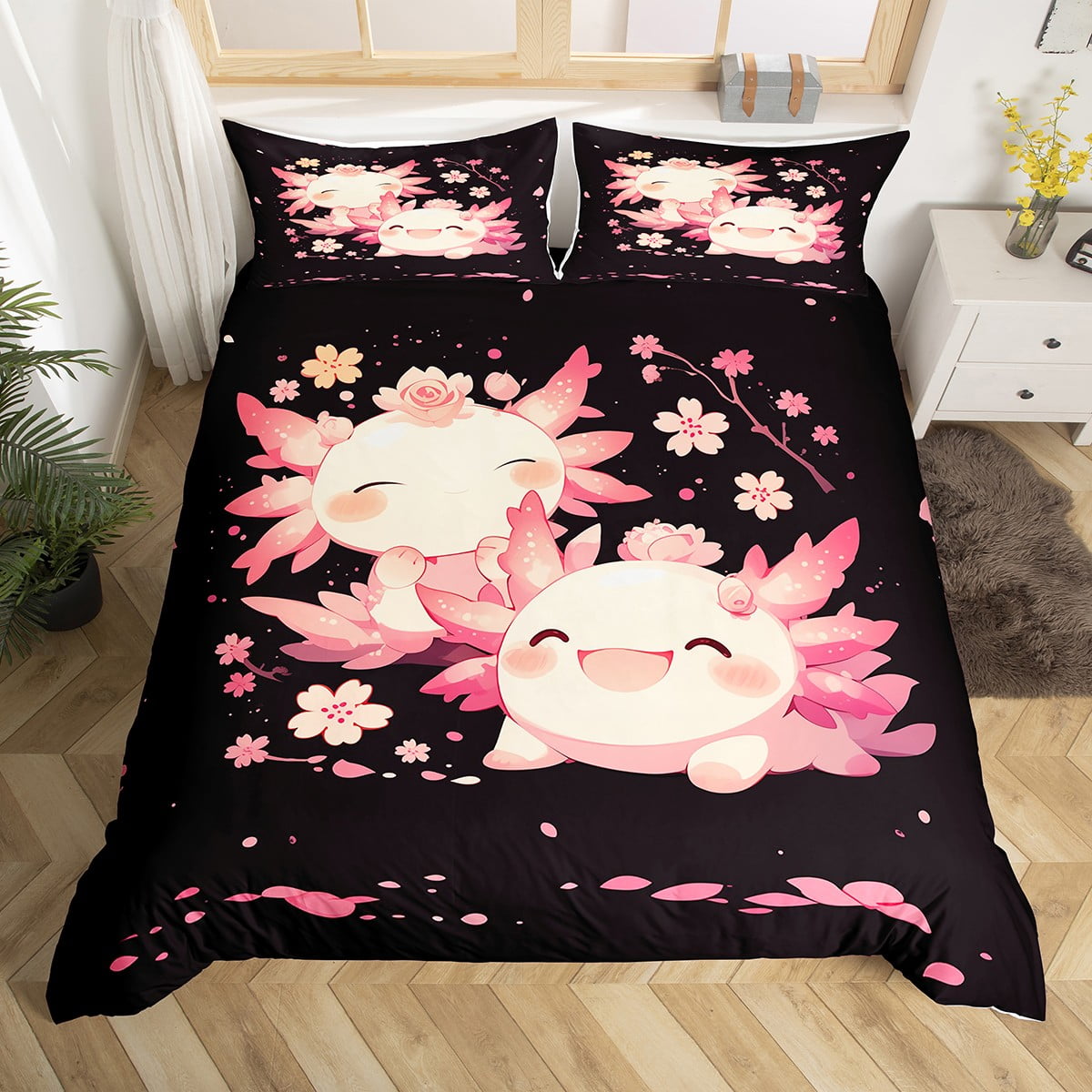 Pink Axolotl Full Comforter Cover Kawaii Axolotl Themed Bedding Set ...