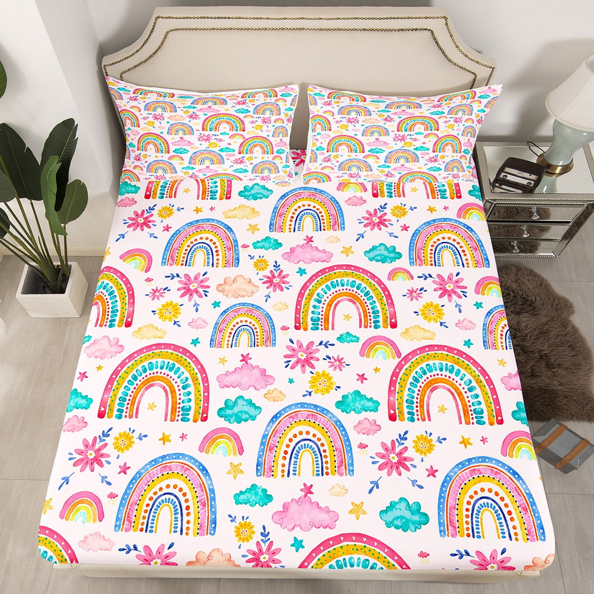 Pink Bed Sheets Watercolor Rainbow Fitted Sheet Full Size, Chic Floral ...
