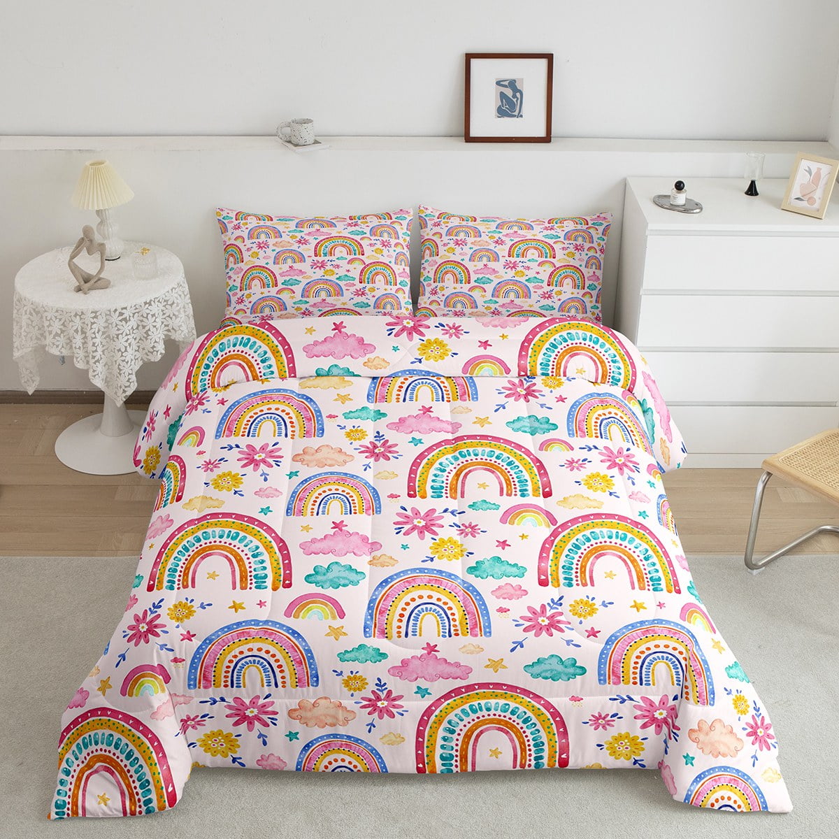 Girls Pink Bedding Set Twin Watercolor Rainbow Comforter Set, Chic ...