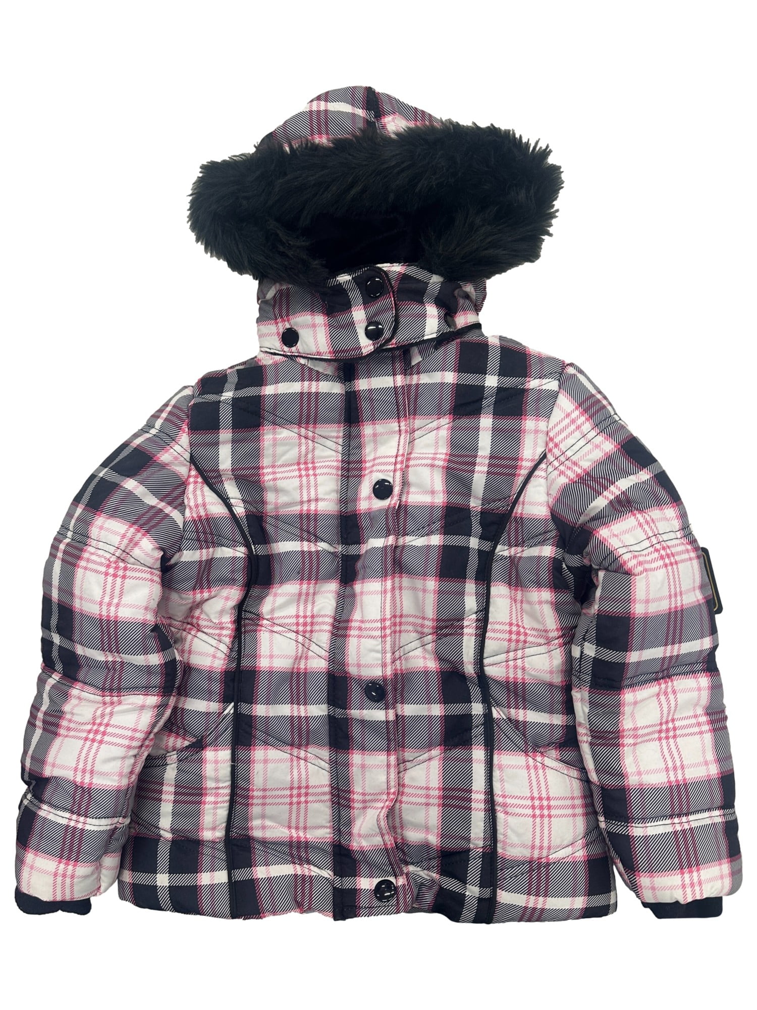 Girls Pink & Black Plaid Hooded Winter Ski Coat Jacket Zip-Up Hood S (6 ...
