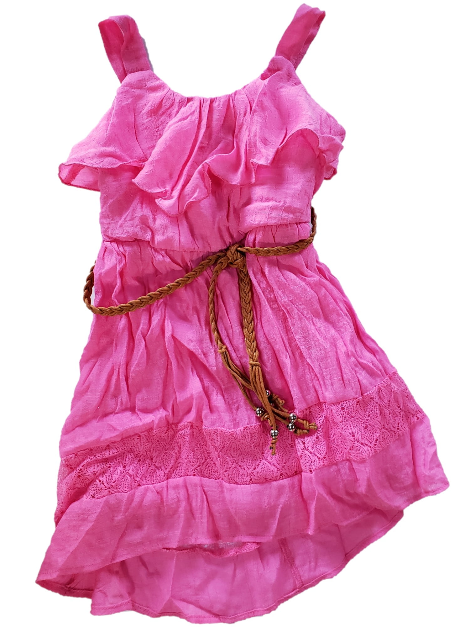 Girls Pink Boho Chic Belted Flowy Layered Ruffles Lightweight Summer ...
