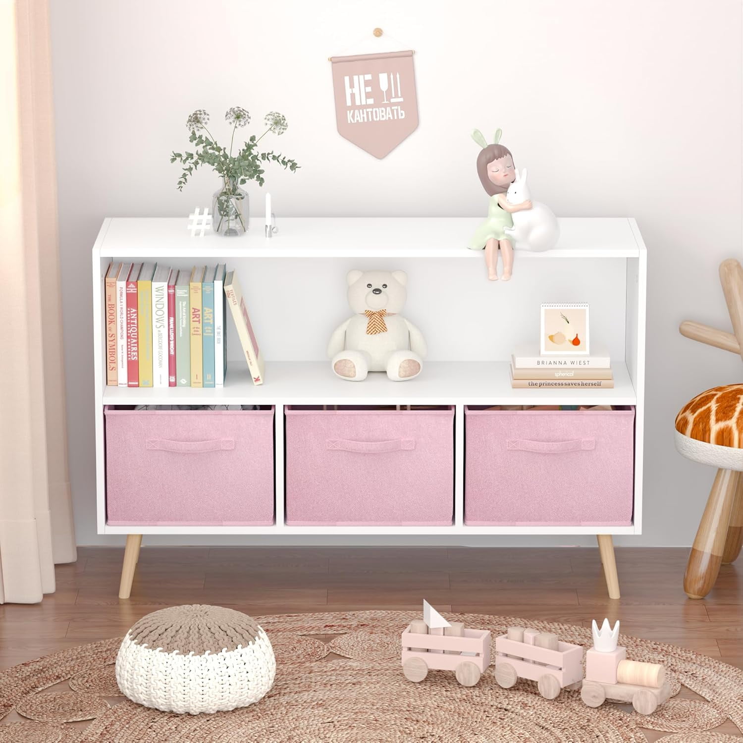 Girls Pink Bookshelf Kids Bookshelf Toy Storage Organizer with 3 ...
