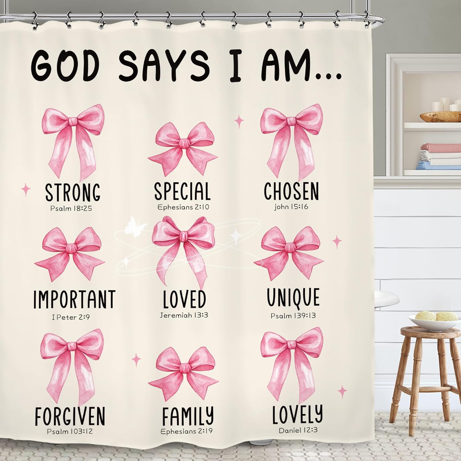 Girls Pink Bow Bathroom Shower Curtain 60W by 71H Inch Preppy ...