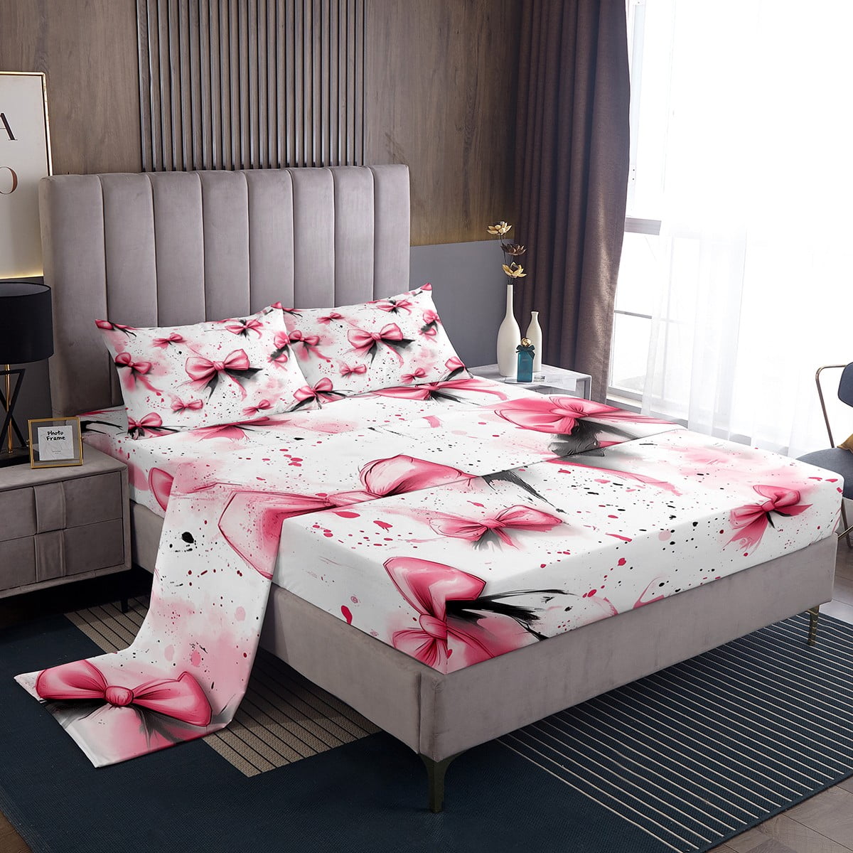 Pink Bow Knots Bed Sheets Set Queen,Princess Dreamy Vintage Watercolor ...