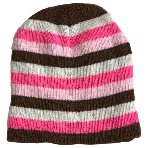 Girls Pink Brown & White Striped Knit Beanie Stocking Cap Hat - Walmart.com