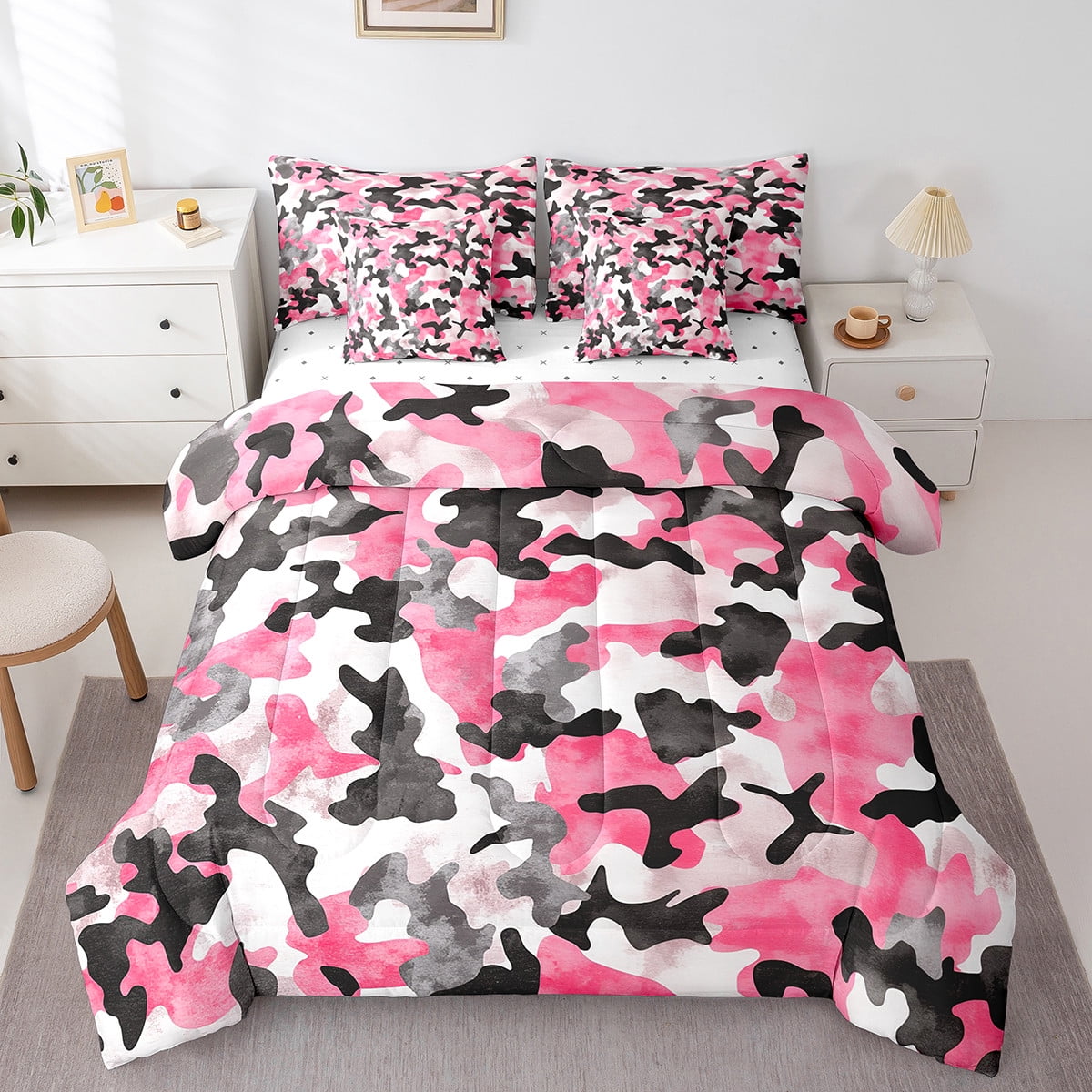 Pink Camo Full Bedding Set With Sheets Pink Grey Black Abstract Bed In ...