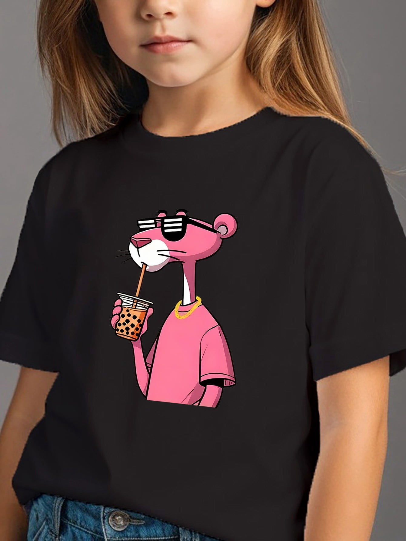 Girls' Pink Cartoon Print T-Shirt - 95% Cotton Crew Neck Short Sleeve ...