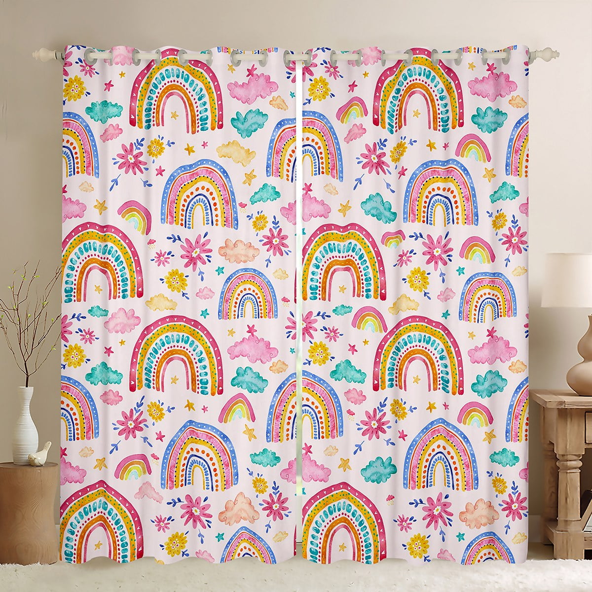 Girls Pink Curtains Watercolor Rainbow Curtains & Drapes, Chic Floral ...