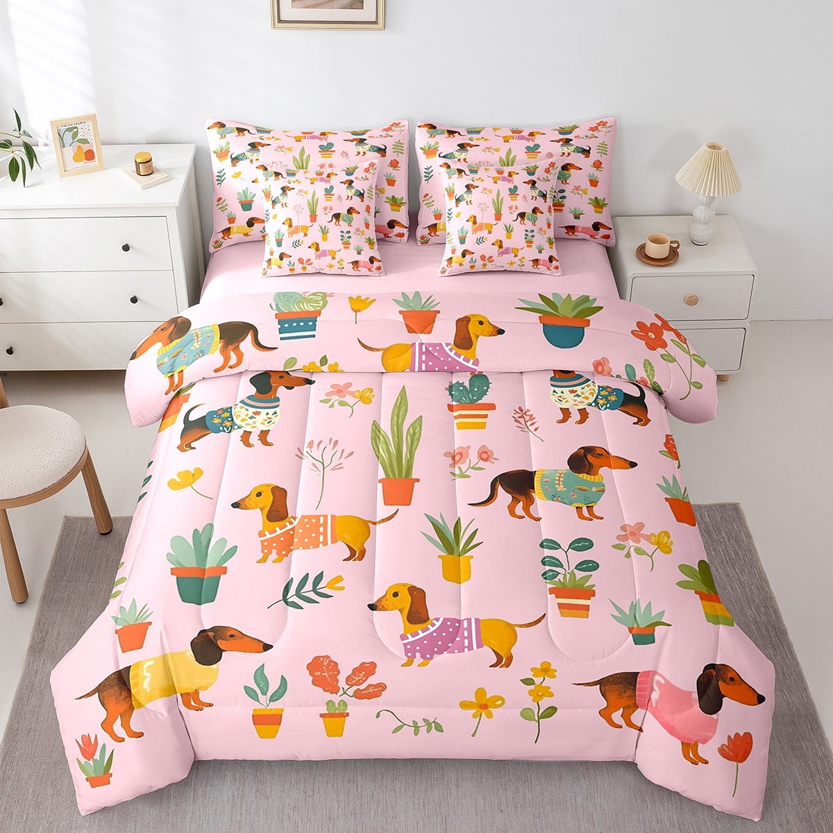 Pink Dachshund Comforter Set King,Rainbow Flower Floral Bedding Set ...