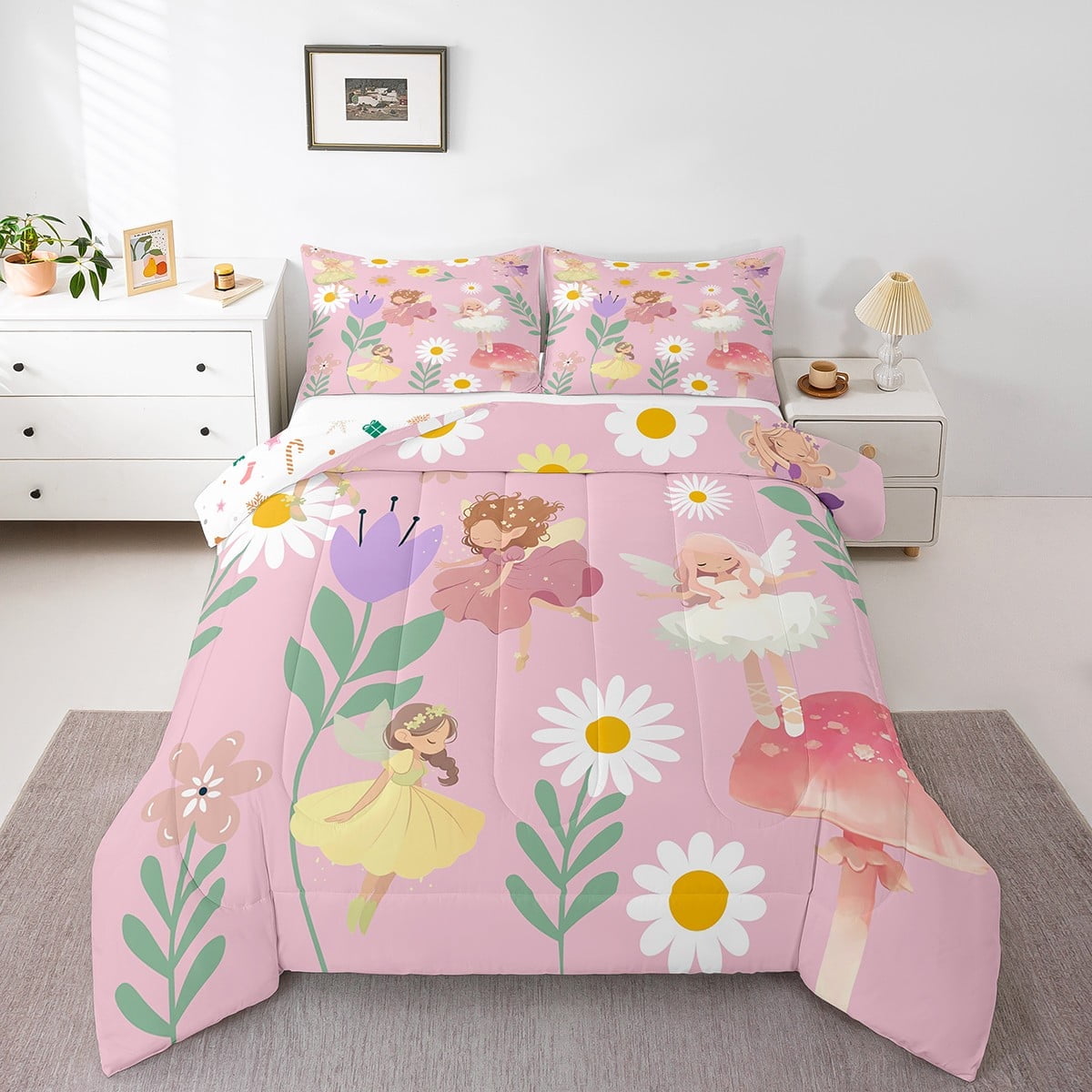 Pink Fairy Bedding Set Twin Size,Cute Floral Fairy Comforter Set ...