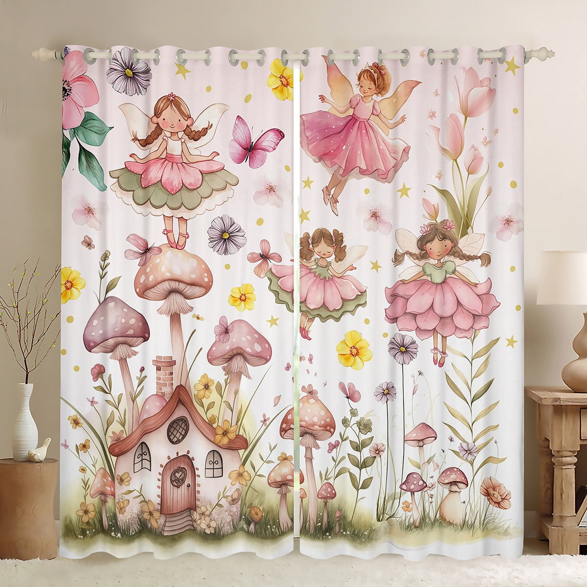 Girls Pink Fairy Curtains,Flower Fairy Curtains Drapes for Kids Bedroom ...