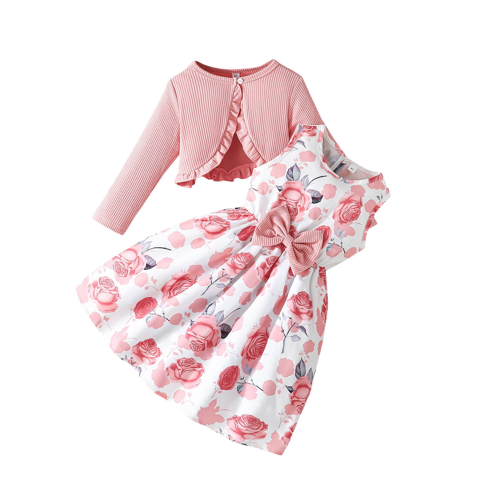 Girls Pink Floral Cardigan and Dress 2-Piece Set Outfit for Kids to ...