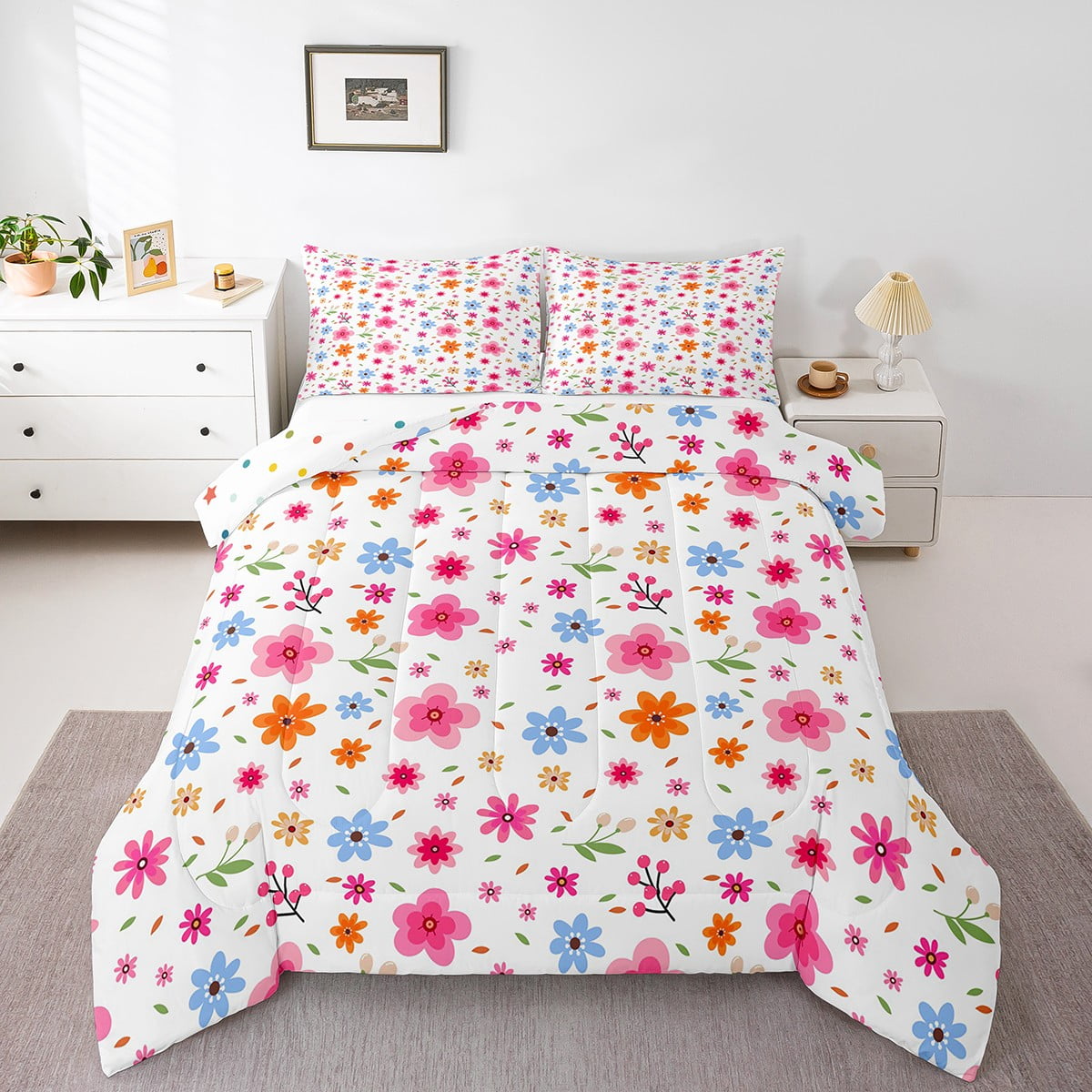 Pink Floral Full Comforter Set Blue Orange Flower Bedding Set, Girly ...