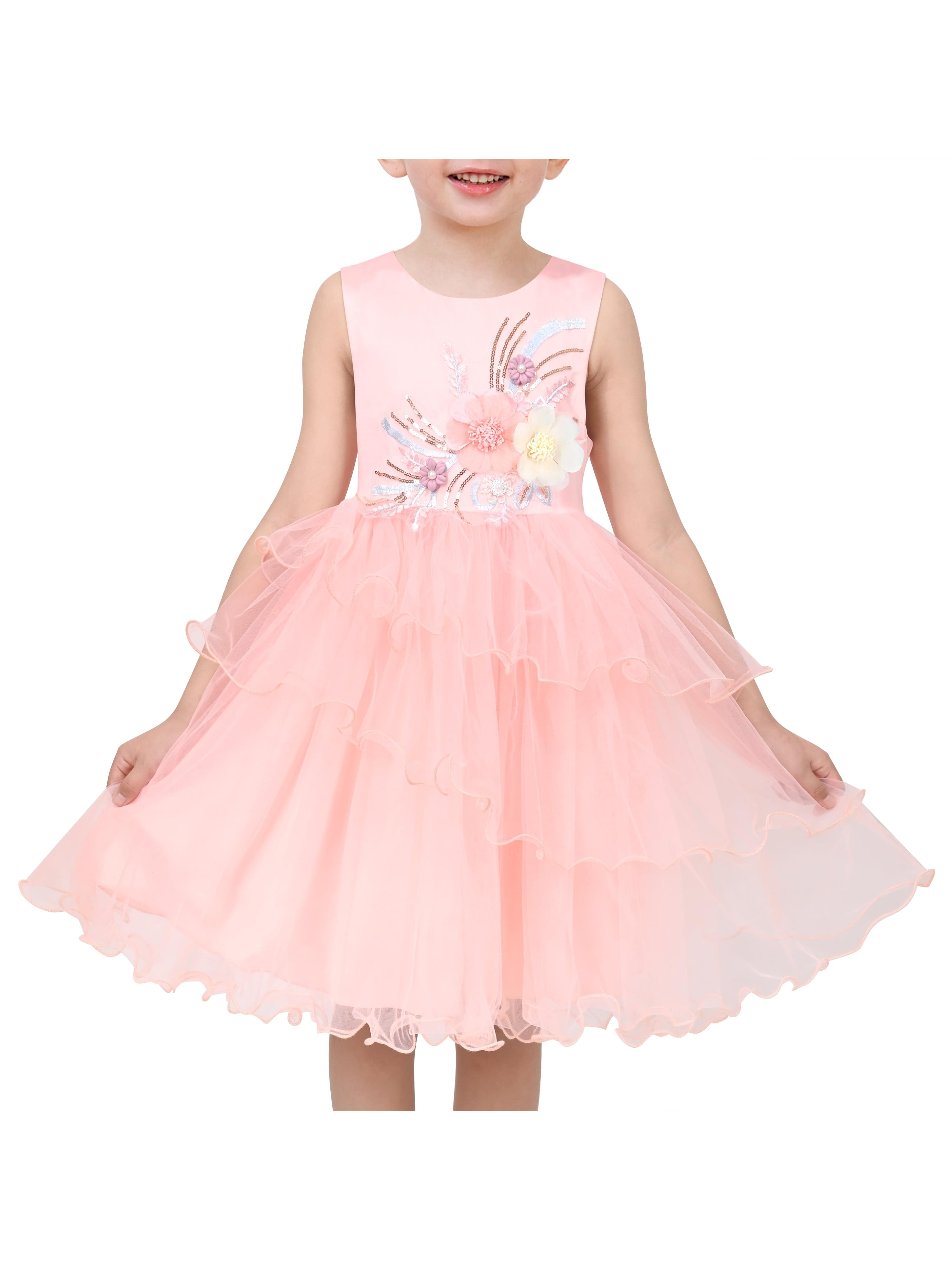 Girls Pink Floral Multilayer Ruffle Tulle Sleeveless Sequin Princess 10 ...