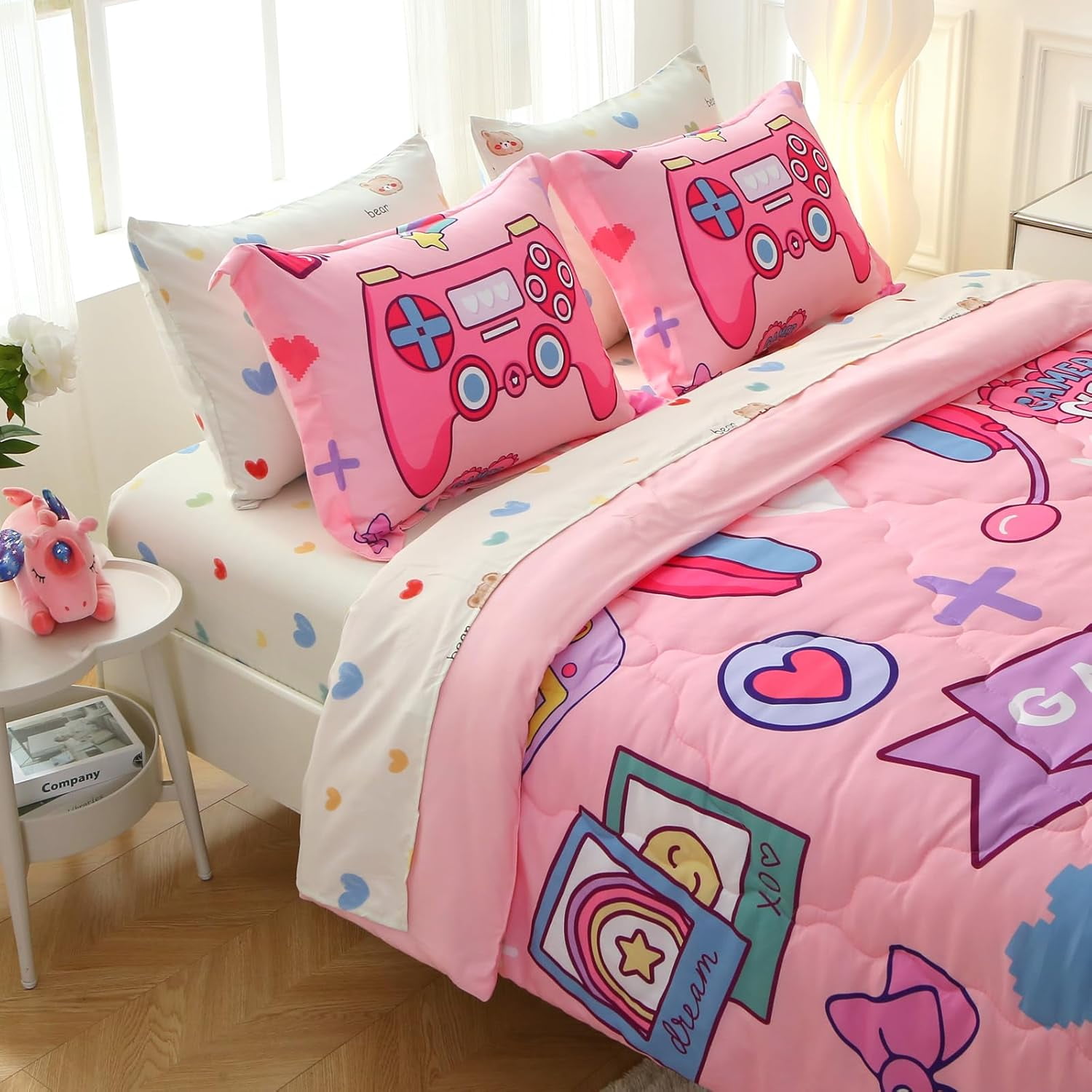 Girls Pink Gamer Comforter Set, Twin Size 7 Piece Bed in a Bag, Gaming ...