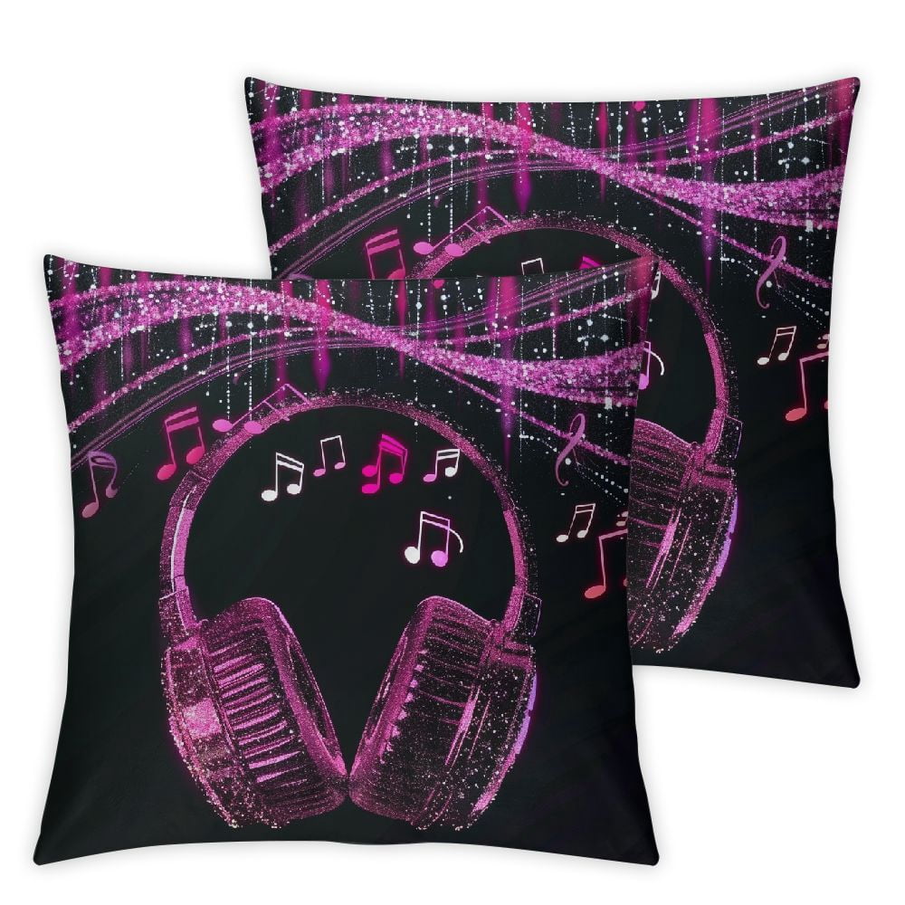 Girls Pink Headphones Pillow Covers Musical Notes Lines Modern Fashion ...