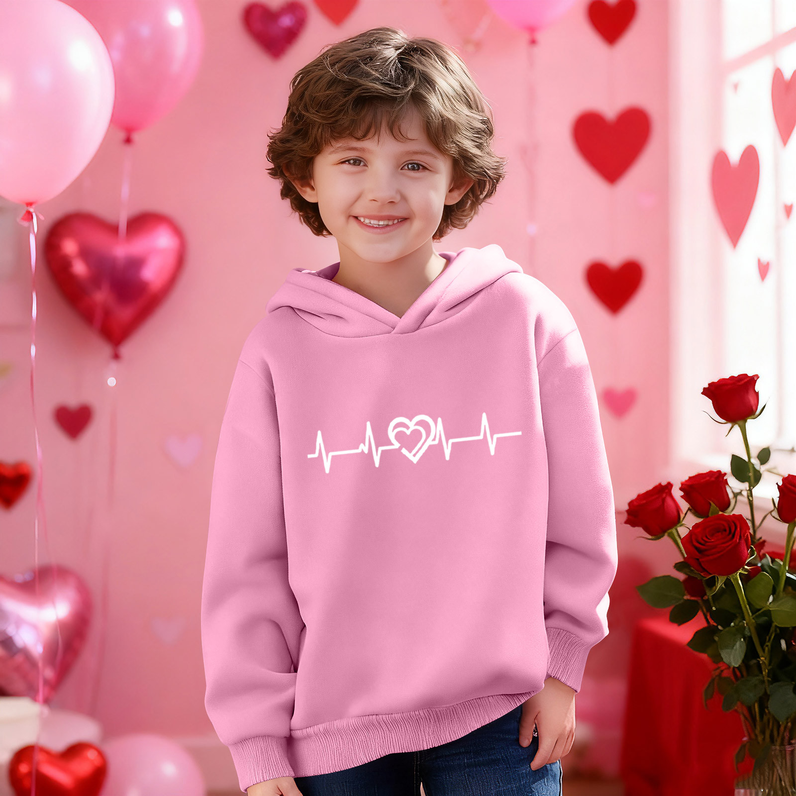 Girls Pink Hoodie | Oversized V-Neck Pullover with Cute Heart EKG ...