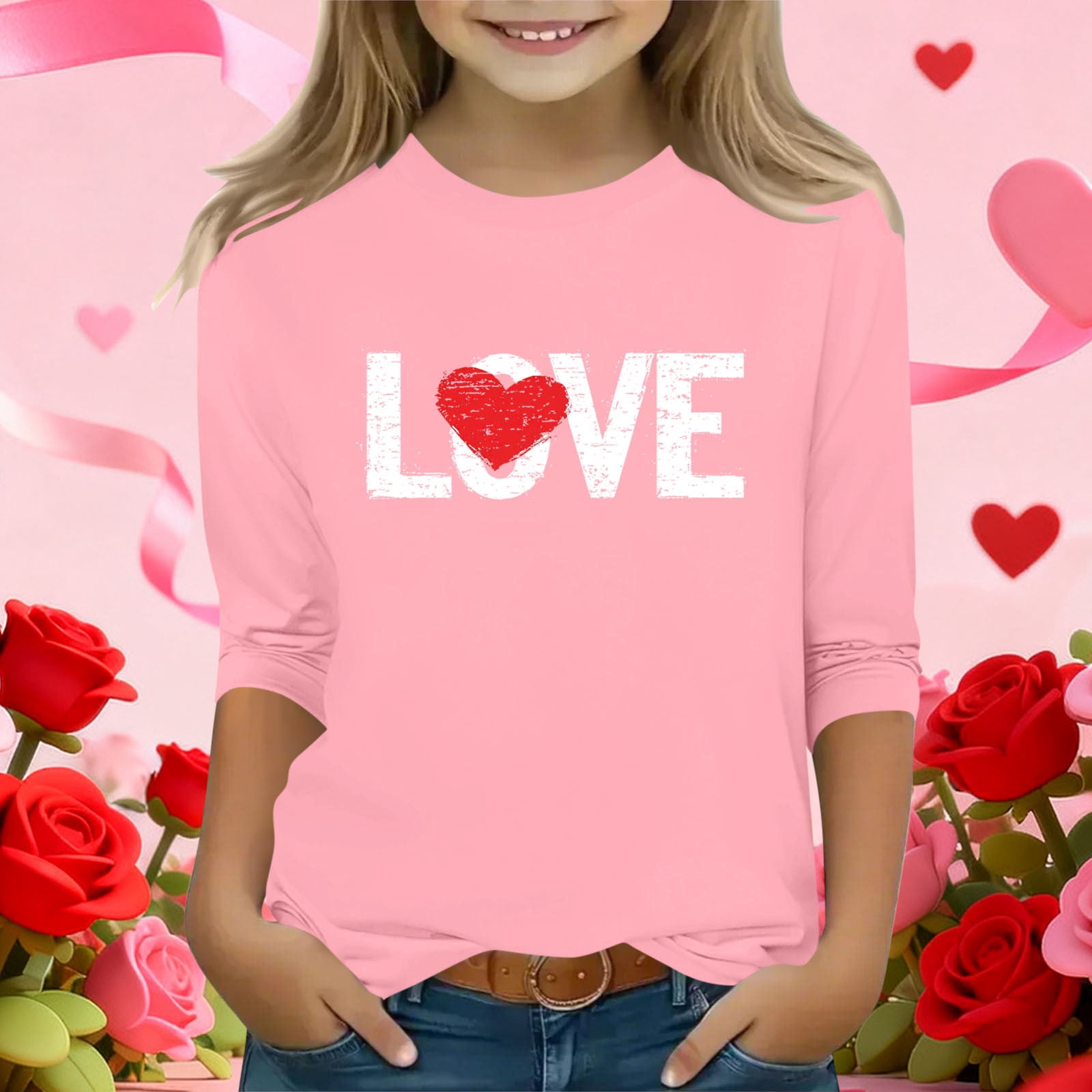 Girls Pink LOVE Graphic Cold Shoulder Top, 3/4 Sleeve Soft Stretchy ...