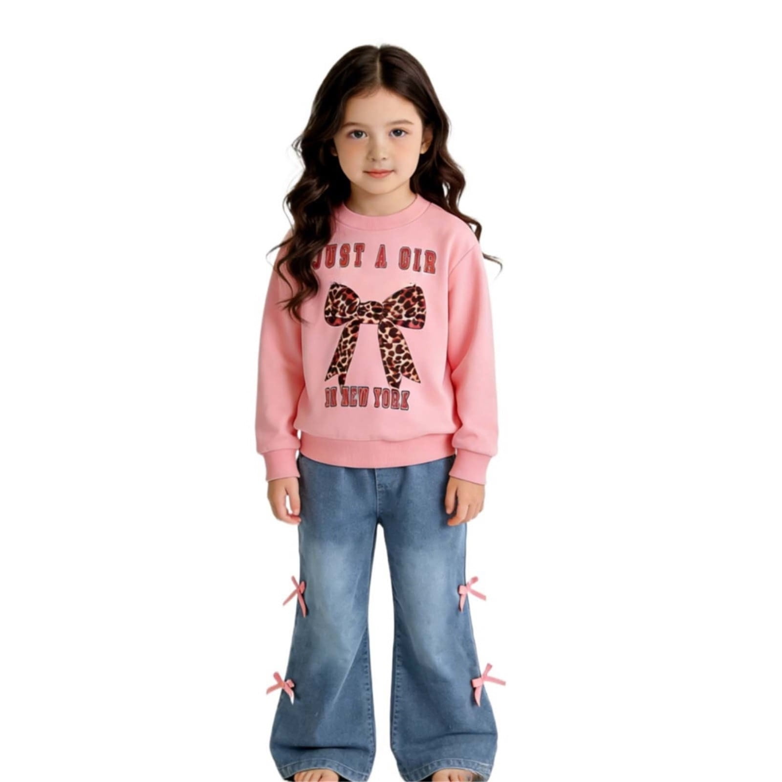 Girls Pink Leopard Bow 2-Piece Outfit – Sweatshirt & Flared Denim Pants ...