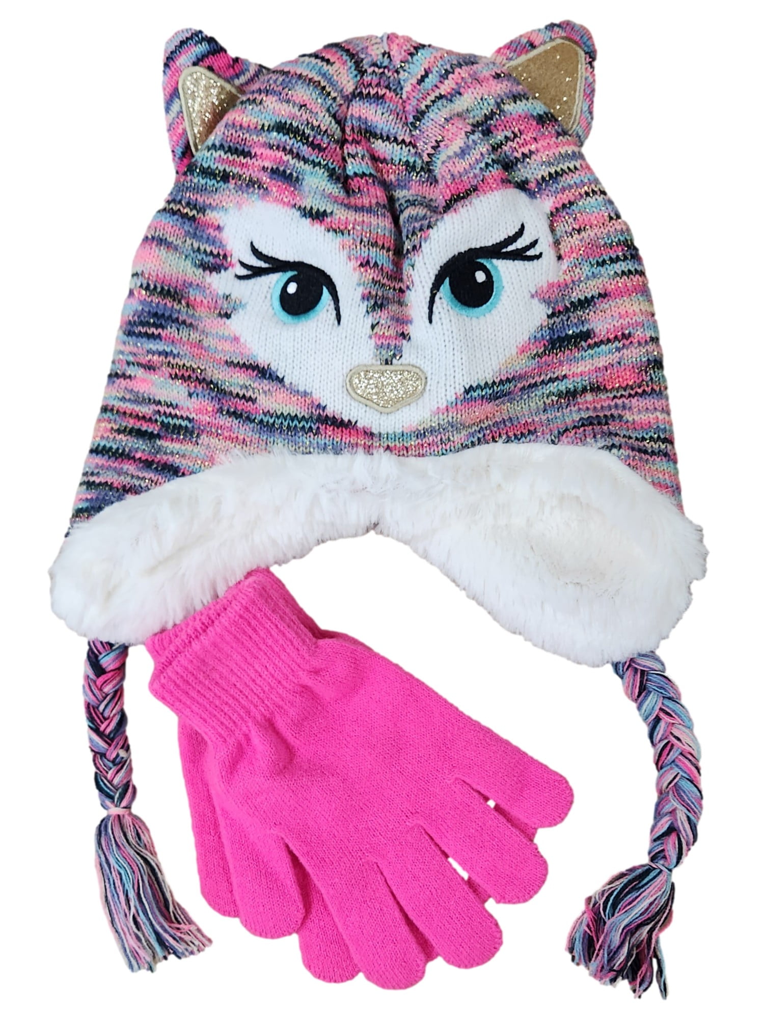 Girls Pink Multi Colored Gold Glittery Fox Beanie & Gloves Hat Set ...