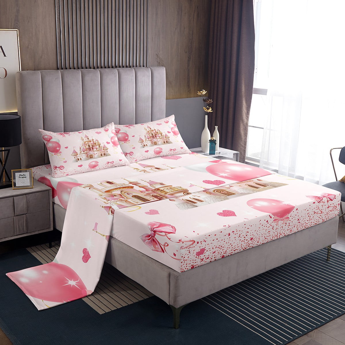 Pink Princess Bed Sheets Set Full Size,Pink Bow Castle Bedding Set Room ...