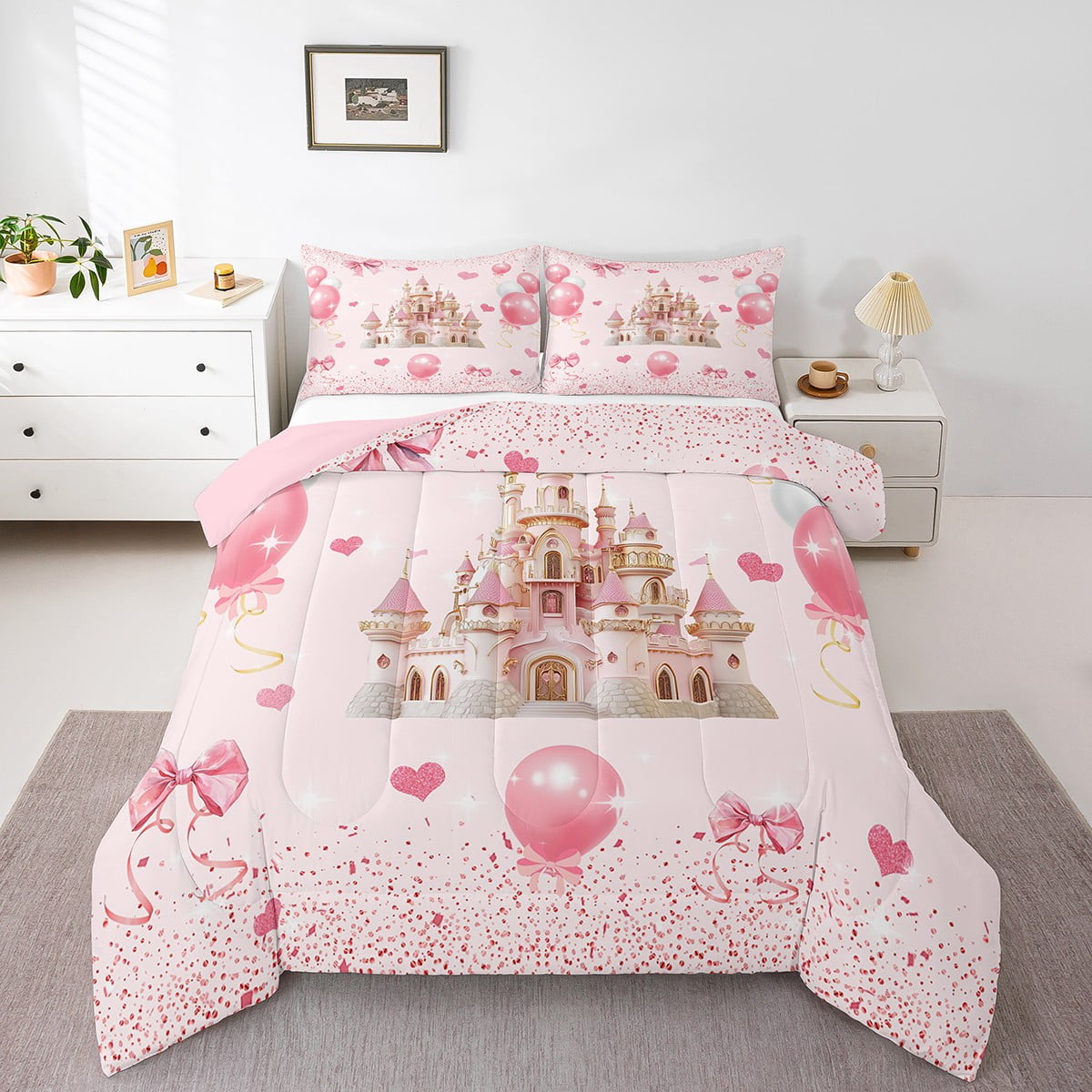 Pink Princess Comforter Set Queen Size,Pink Bow Castle Bedding Set Room ...