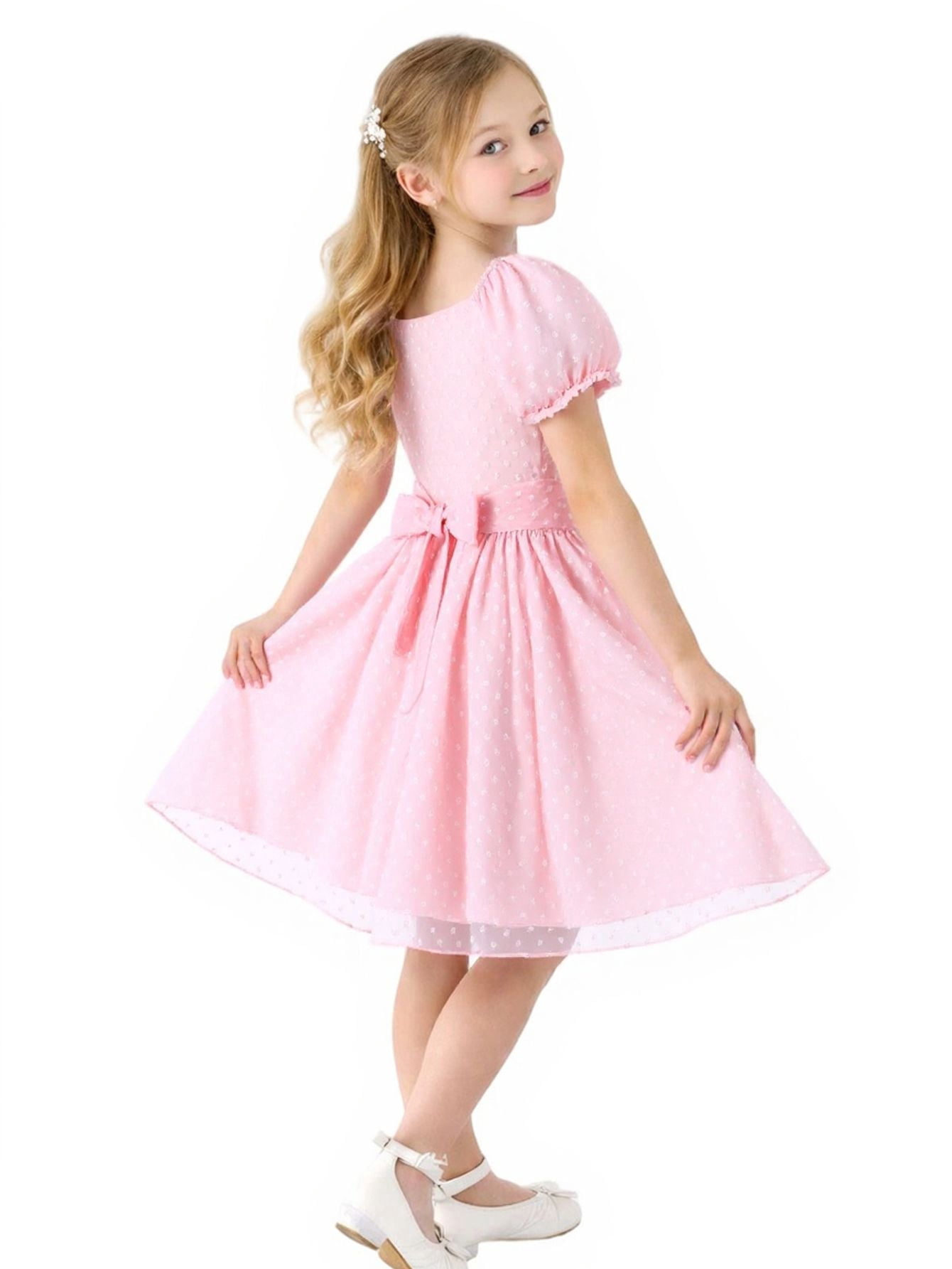 HILEELANG Girls Pink Swiss Dot Puff Sleeve Polyester Dress 6-7Y Little ...