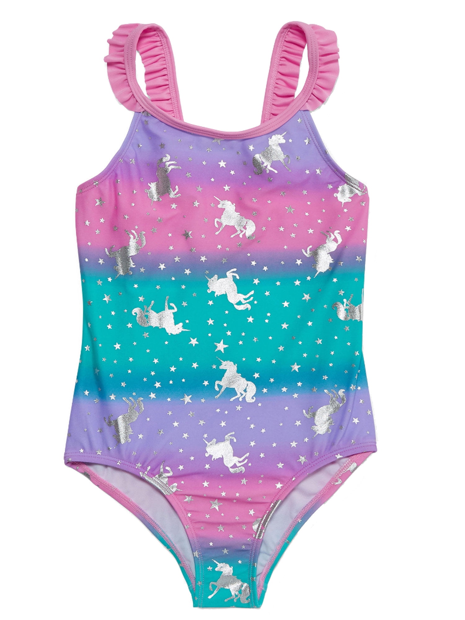 Girls Pink/Purple Ombre Silver Unicorn 1 pc Ruffle Strap Swimsuit (XS 4 ...