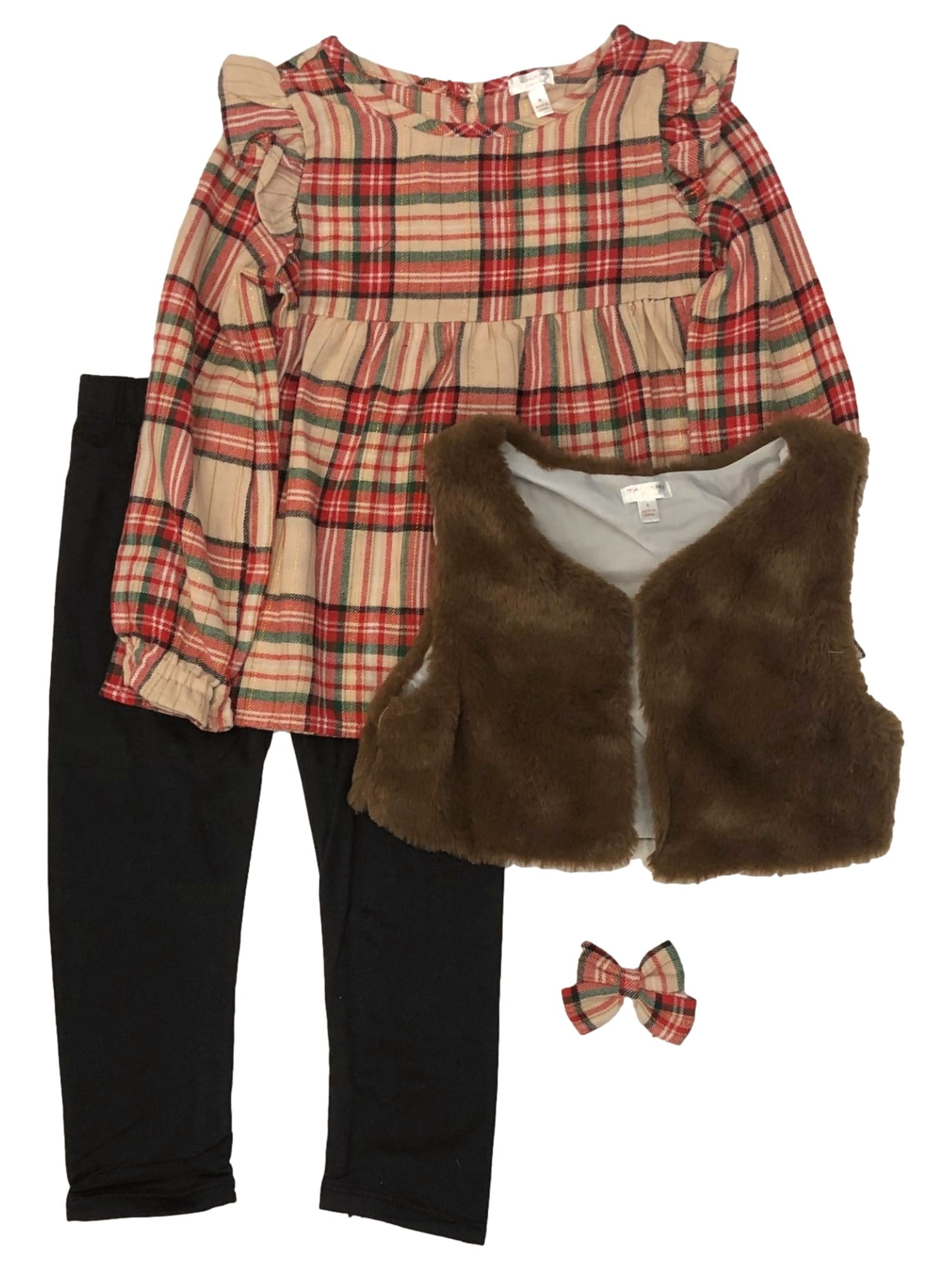 Girls Pink & Red Plaid Holiday Outfit Flannel Shirt Plush Vest Pants ...