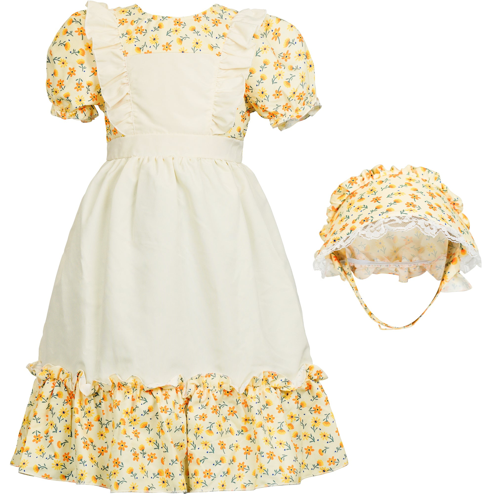 Girls Pioneer Costume, 2 Pcs Colonial Prairie Dress Bonnet Pilgrim ...