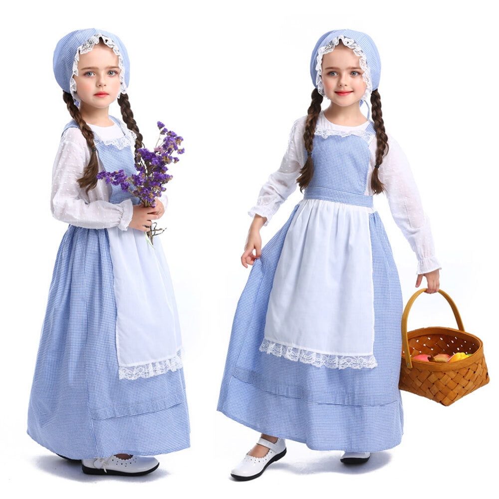 Girls Pioneer Costume Long Sleeve Dress with Apron colonial bonnet for ...