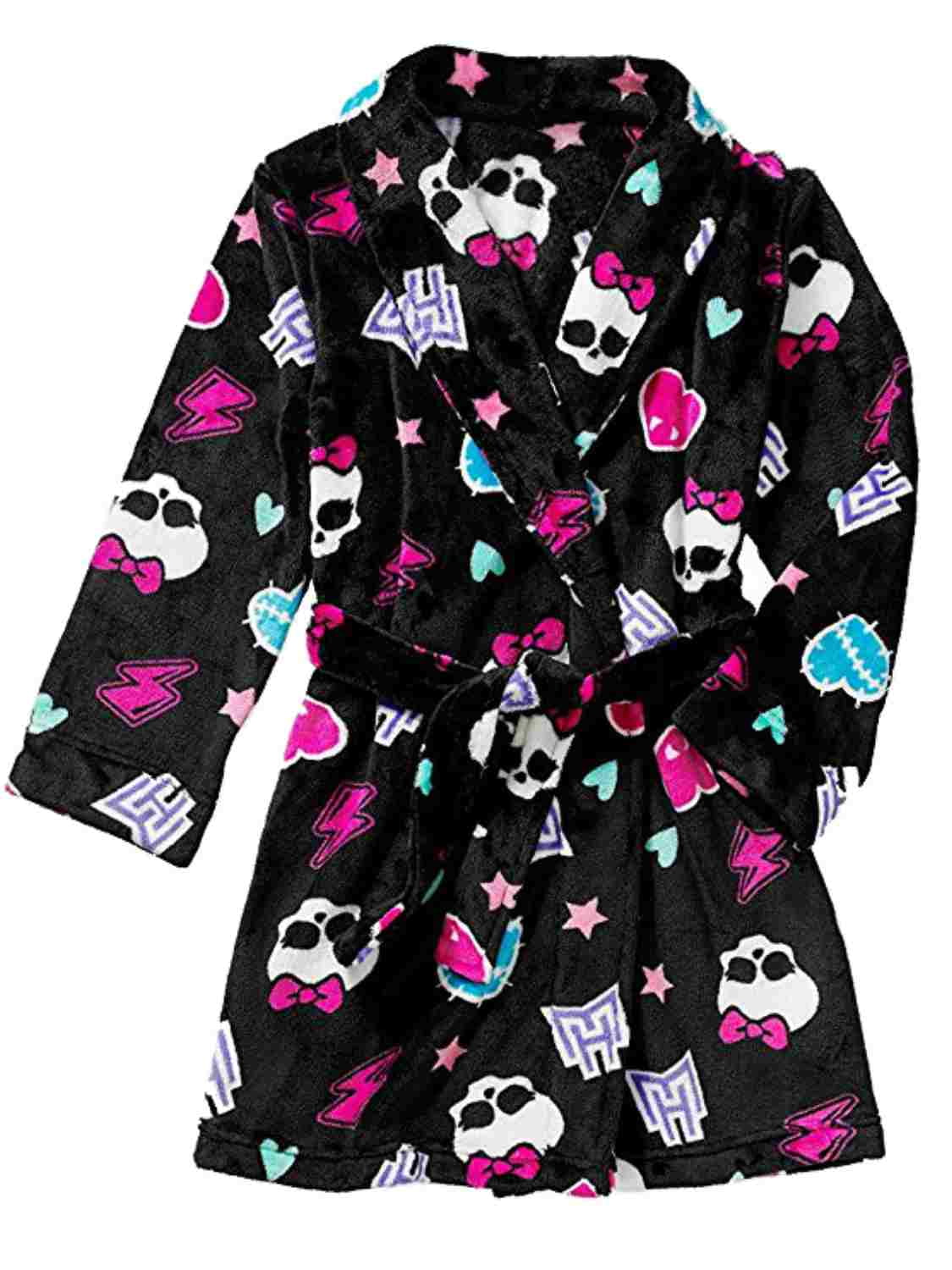 Girls Plush Black Monster High Bath Robe Skull & Heart Housecoat Small ...