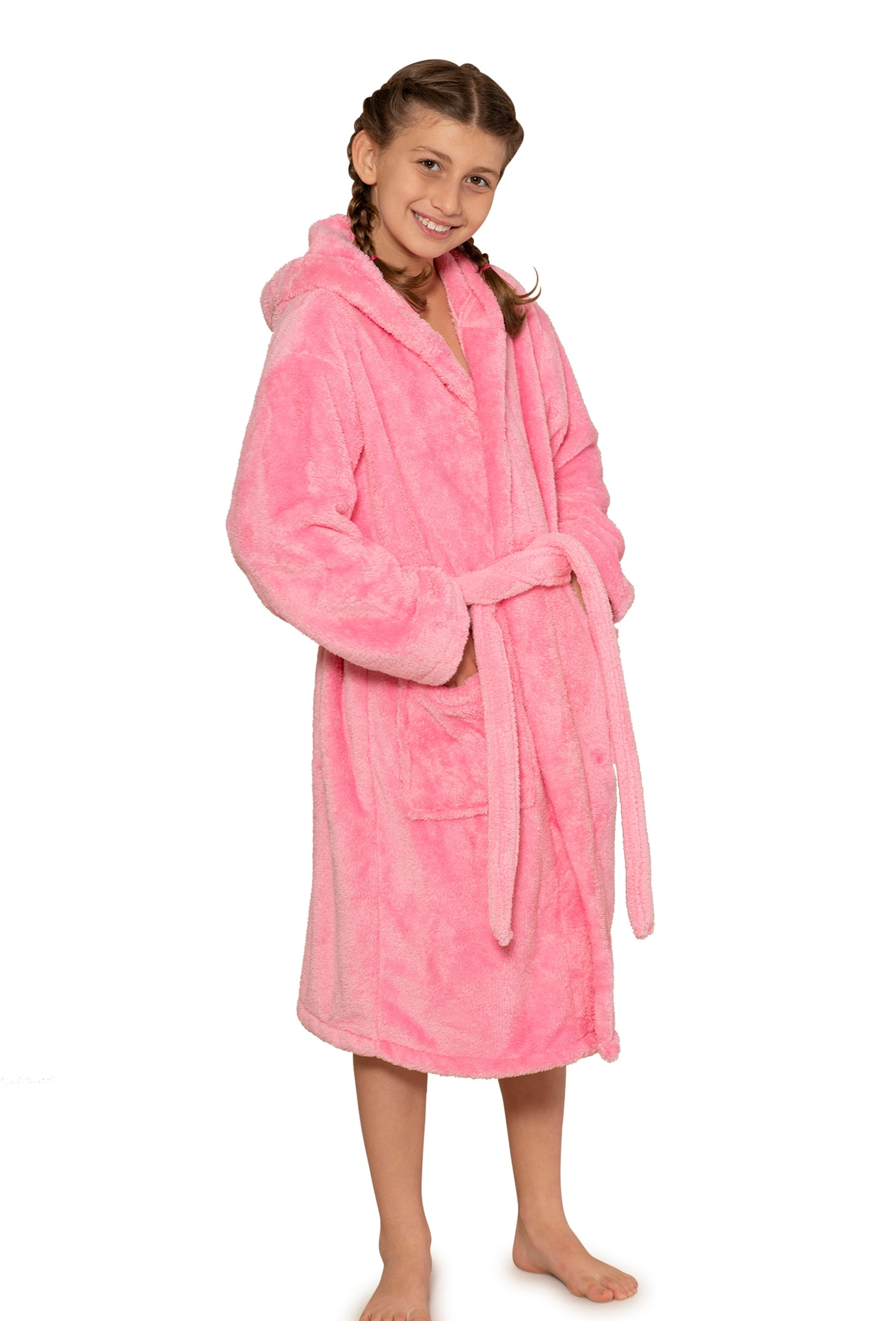 Girls' Plush Microfleece Hooded Robe - Soft, Warm with 2 Pockets & Belt ...