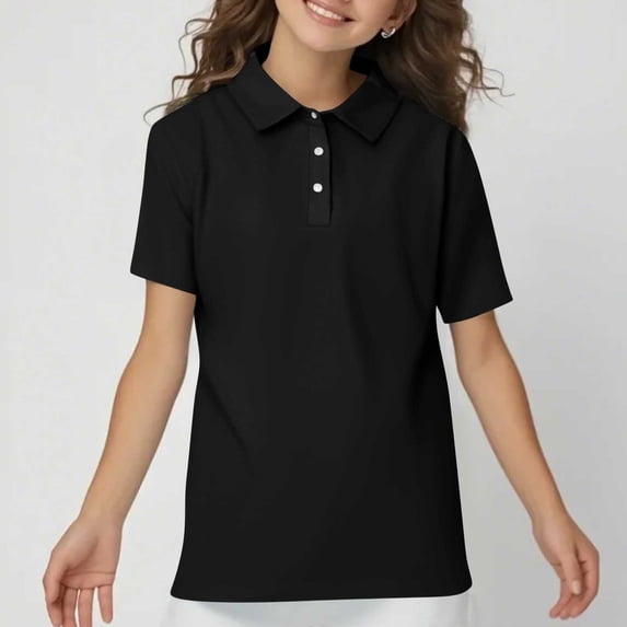 Girls Polo Shirt Short Sleeve Collared T-Shirt Solid Color Casual ...