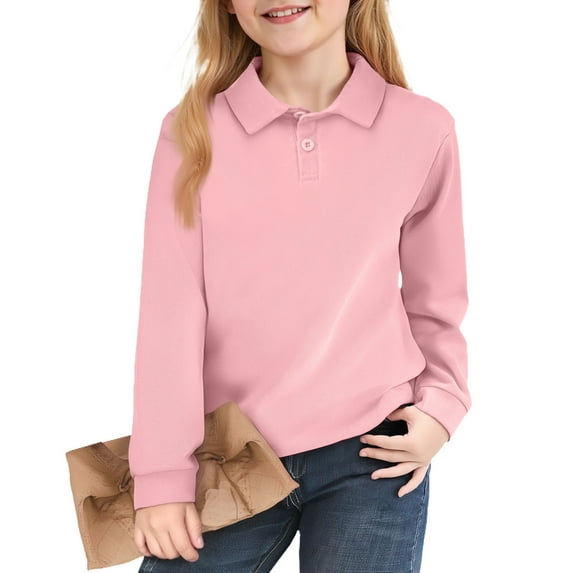 Girls Polo Shirts Long Sleeve School Uniform Classic Collared Top Pink ...