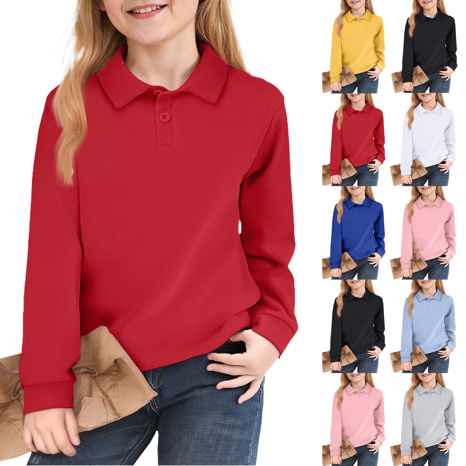 Girls Polo Shirts Long Sleeve Solid Color Classic Top Comfortable Fit ...