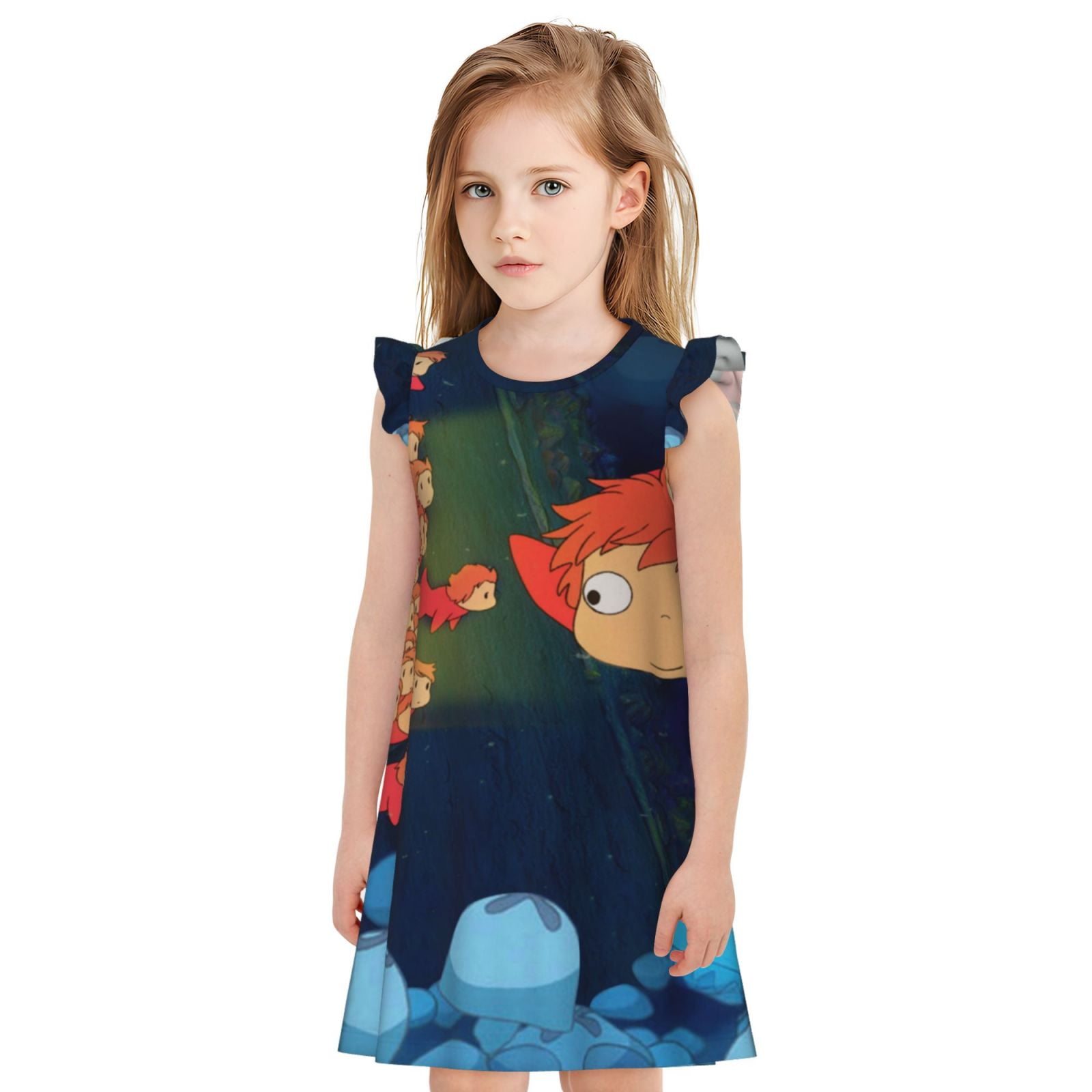 Girls Ponyo Princess Gown Dress Cartoon Printed Home Casual Wear ...