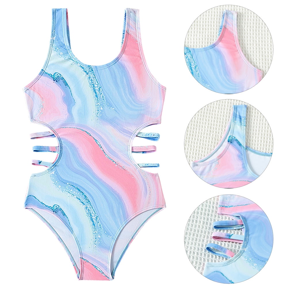 Girls Powder Blue Tie-Dye Printed Waistless One-Piece Swimsuit Kids ...