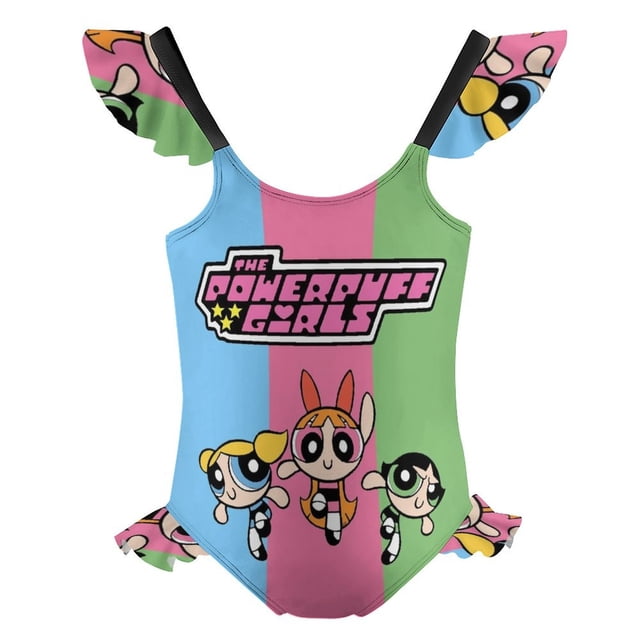 Girls Power-puff Girl One Piece Swimsuits Ruffle Sleeves Bathing Suit ...