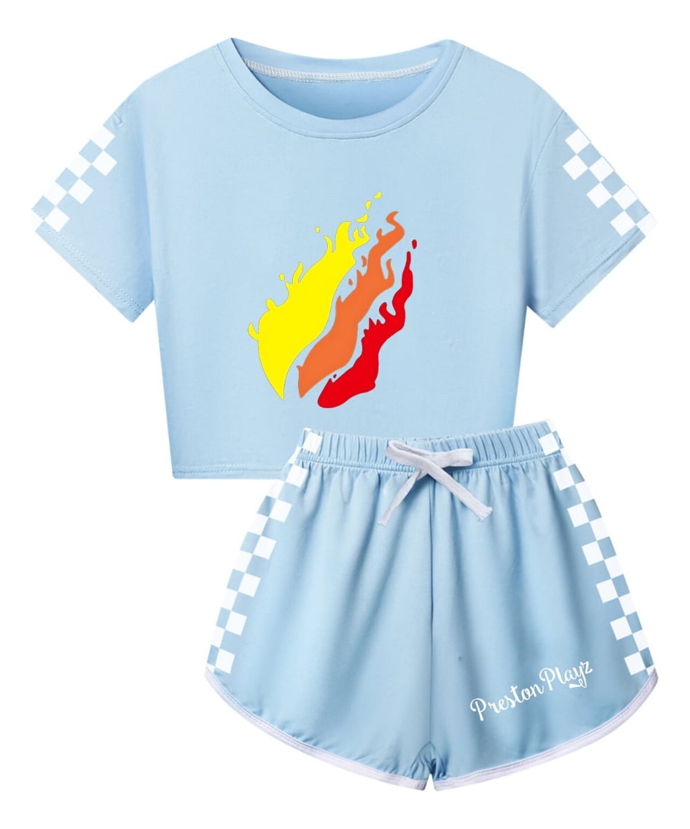 Girls PrestonPlayz Gaming Outfit – Flame Graphic Crop Shirt and Shorts ...