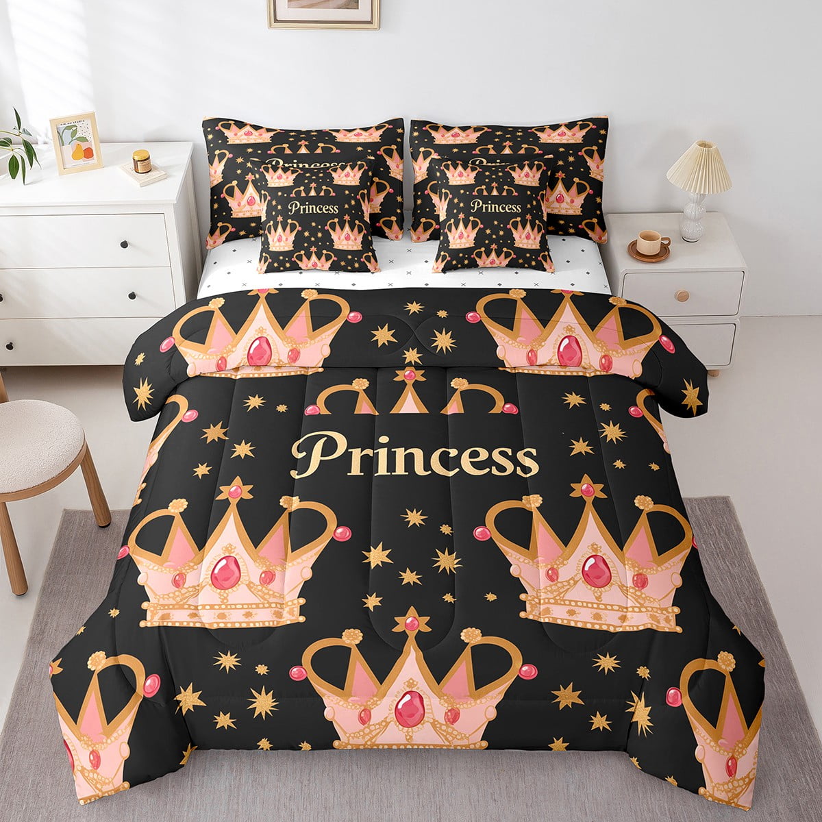 Princess Bedding Comforter Sets 7pcs Pink Crown Bed in a Bag Gold ...