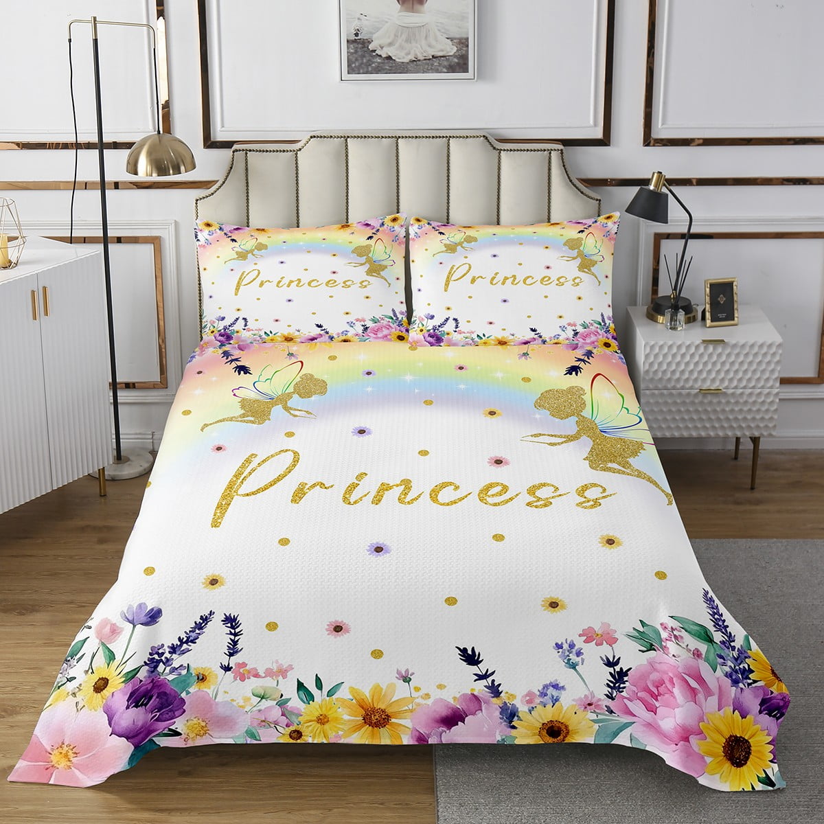 Girls Princess Bedding Set King Size,Cute Fairy Floral Quilt Set for ...