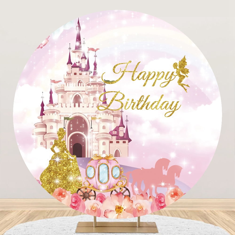 Girls Princess Birthday Round Backdrop Cover Pink Castle Flower ...