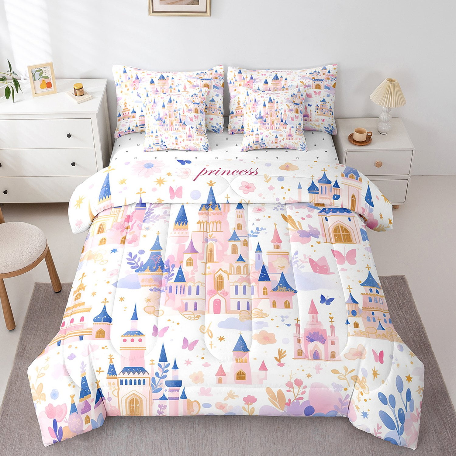 Girls Princess Comforter Set 7-Piece Full Size Cartoon Castle Pink ...