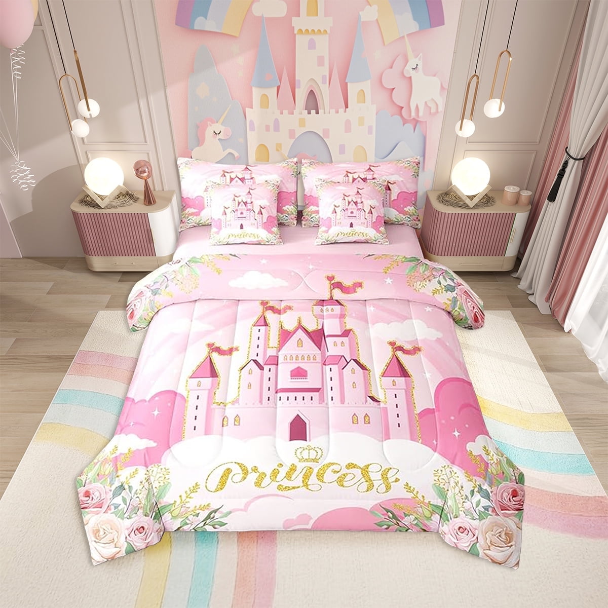 Princess Comforter Set 7 Pieces Reversible,Cartoon Castle Pink Bed Set ...