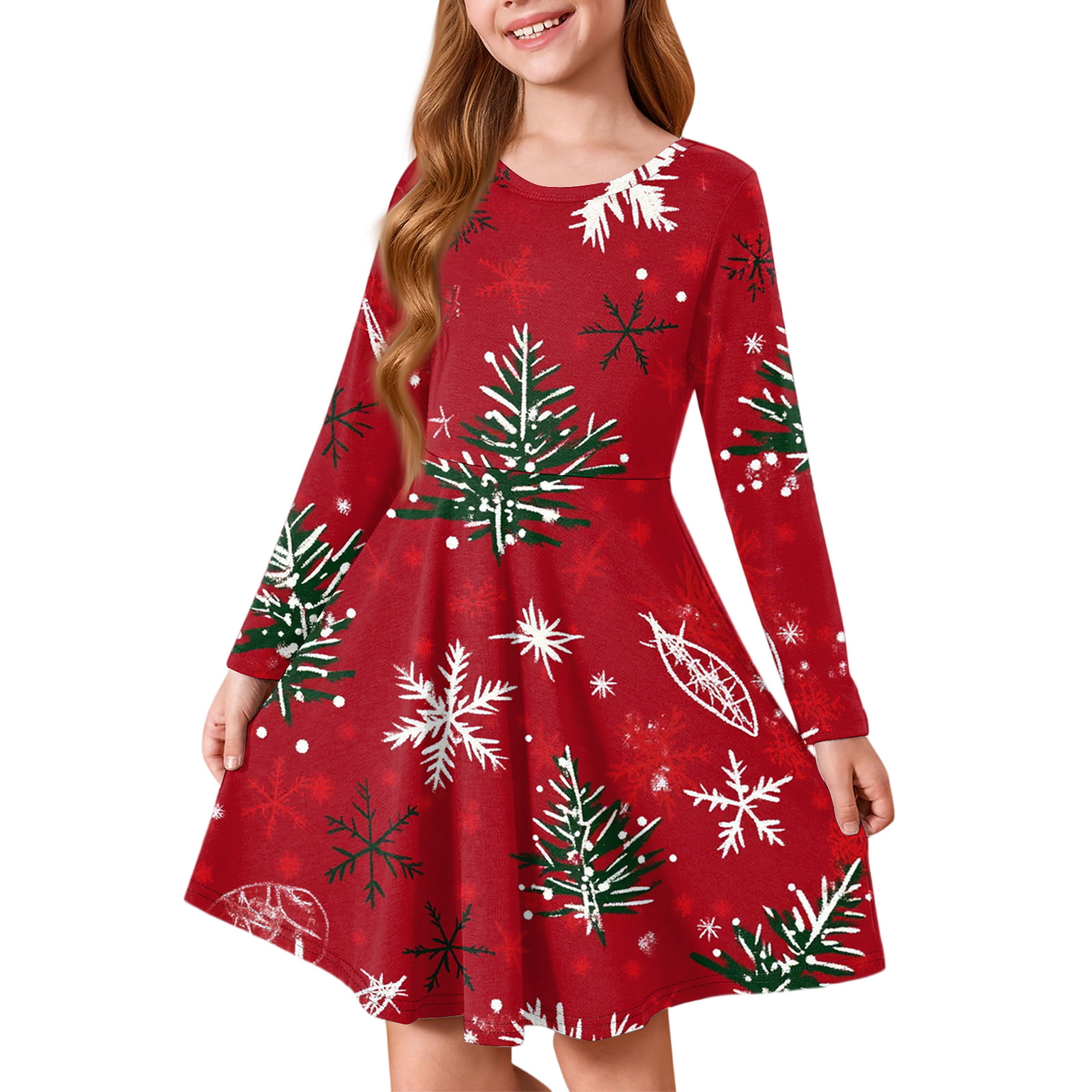 Girls' Princess Dress Long Sleeve Christmas Snowflake Print Dress Round ...