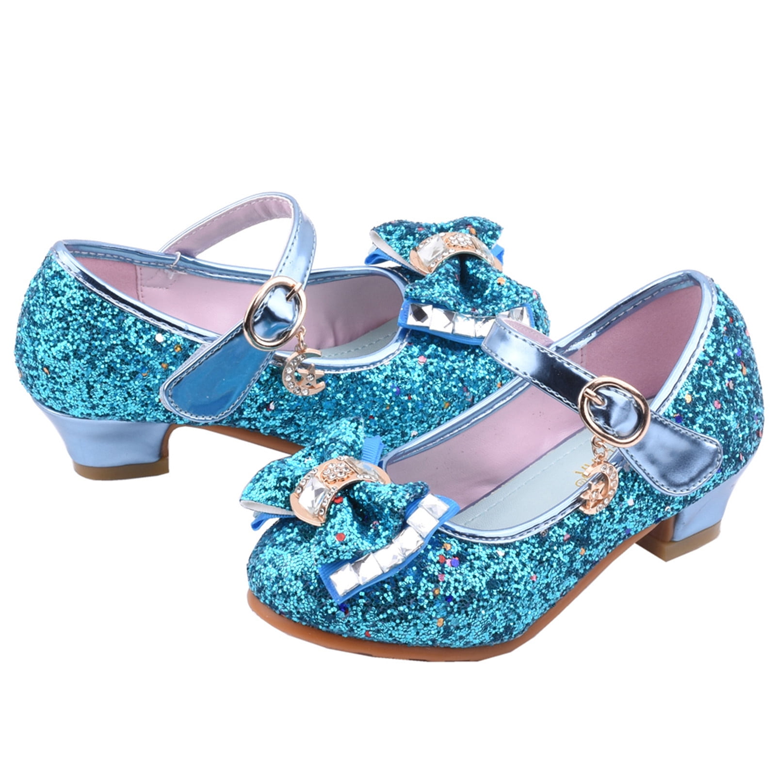 Girls Princess Dress Shoes Glitter Bow Flower Mary Jane Heels Party ...
