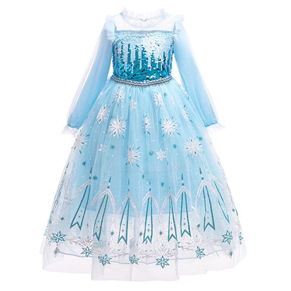 Girls Princess Elsa Long Sleeve Costumes Dress Halloween Fancy-Dress ...